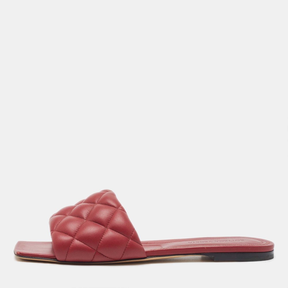 Bottega Veneta Red Intrecciato Leather Lido Slide Fla… - Gem
